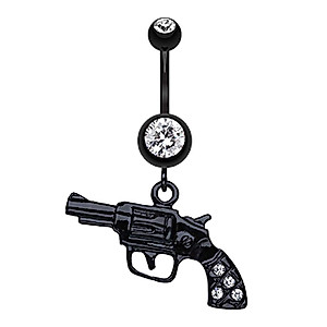 Covet Jewelry Blackline Pistol Gun Sparkle Belly Button Ring (14 GA, Length: 10mm, Clear)