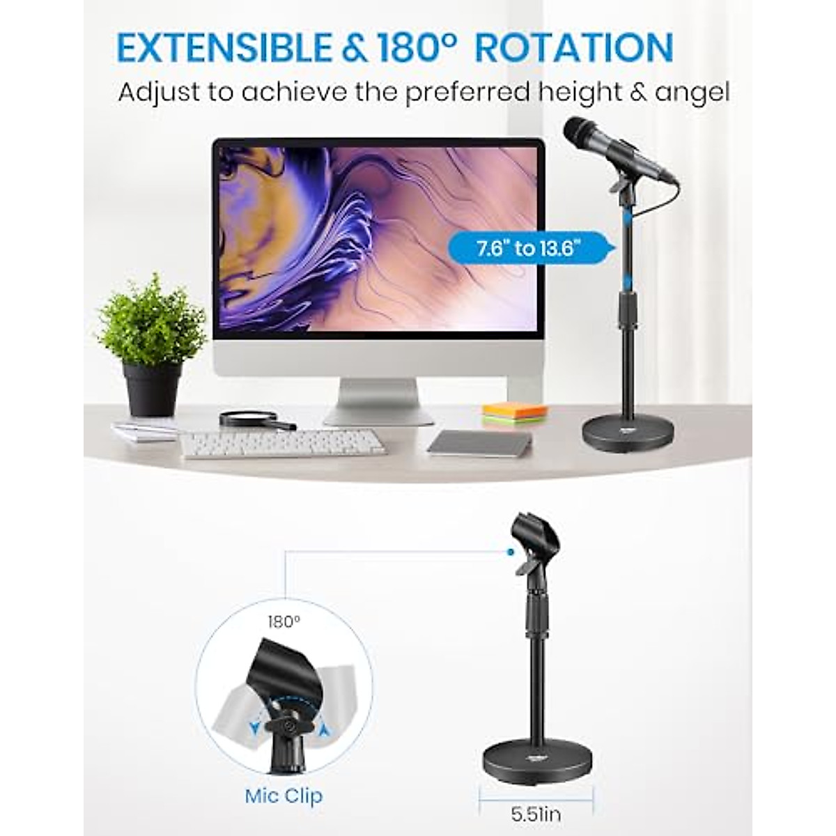 Moukey Desk Mic Stand with Non-Slip Mic Clip Adjustable Table Top Microphone Stand with 5/8" Male to 3/8" Female Screw Fits Most Microphone, MMs-2