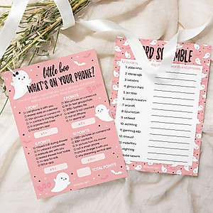 DISTINCTIVS Pink A Little Boo is Almost Due Girl Baby Shower Games - What's On Your Phone and Word Scramble (2 Game Bundle) - 20 Dual Sided Cards, Halloween Baby Shower