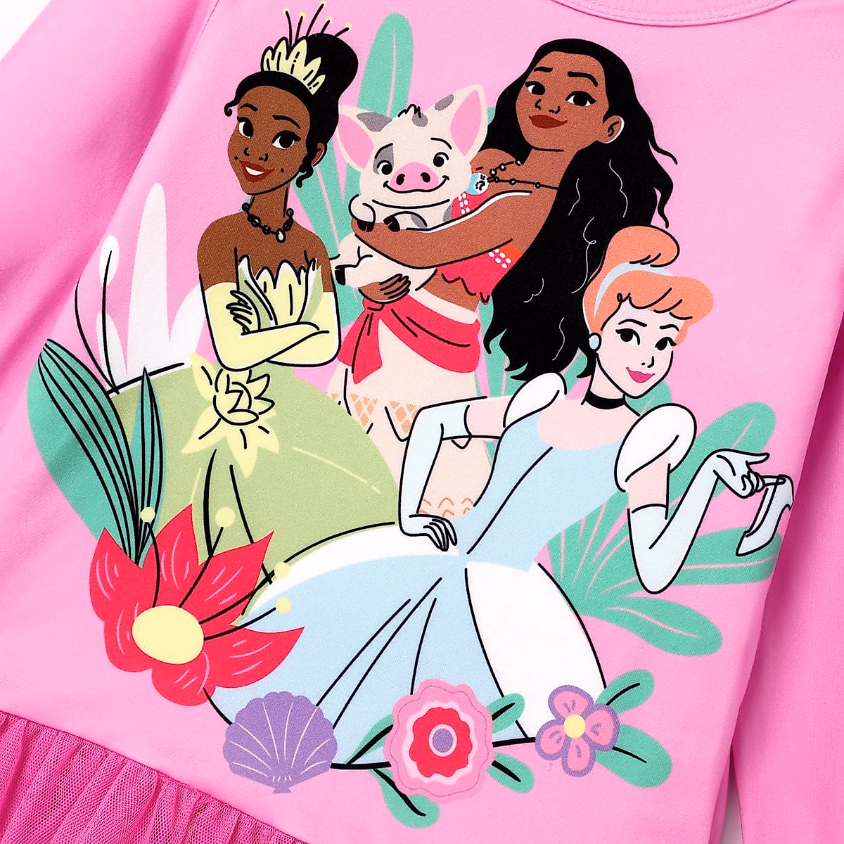 Disney Princess Girls Outfits Ruffle Mesh Hem Long-sleeve Top Floral Bowknot Pants 2PCS Pink 3-4 Years