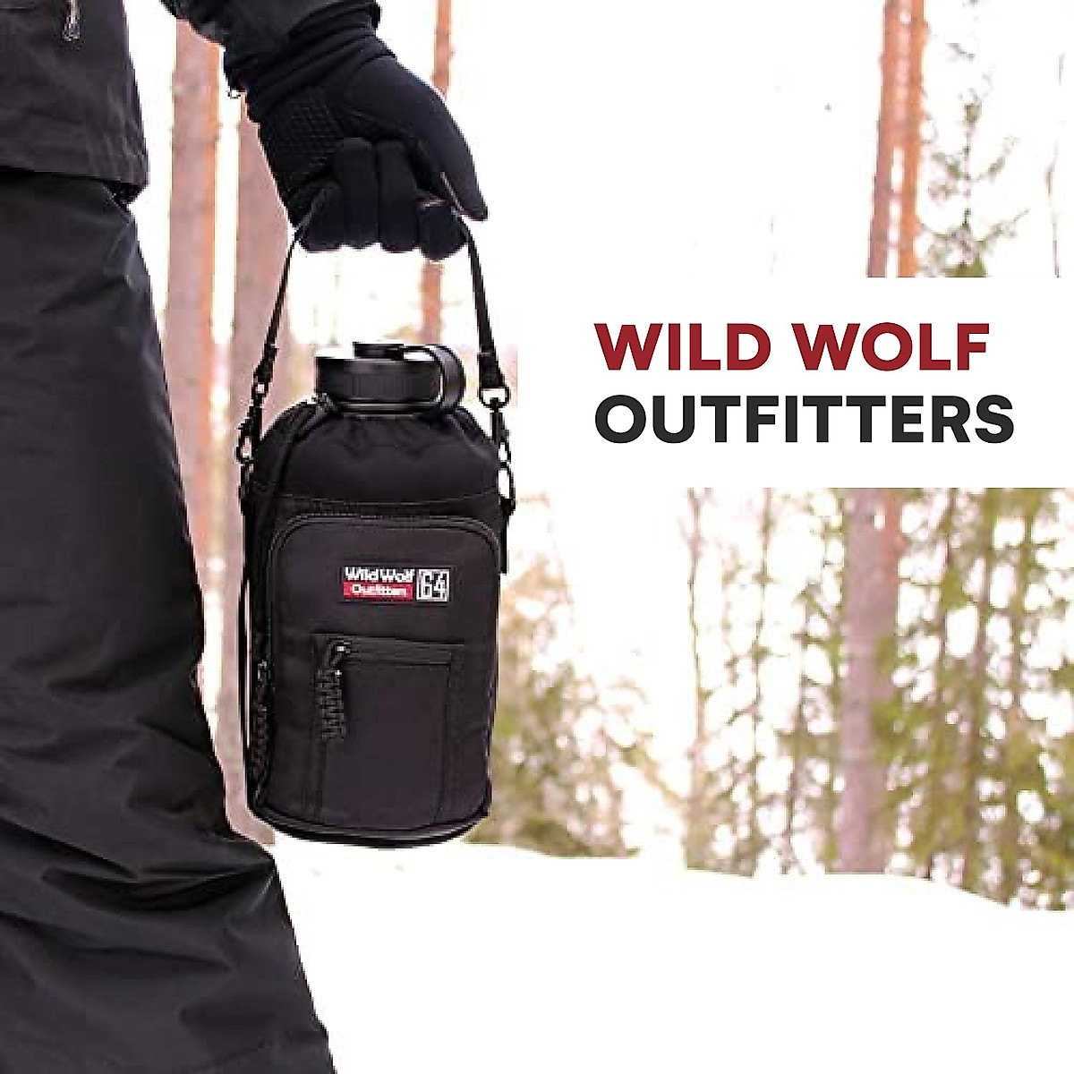 Wild Wolf Outfitters WWO Water Bottle Holder for 64oz Bottles Black - Insulated with 2 Pockets & Adjustable Strap - Carry, Protect and Insulate Your Flask - Military Grade Carrier