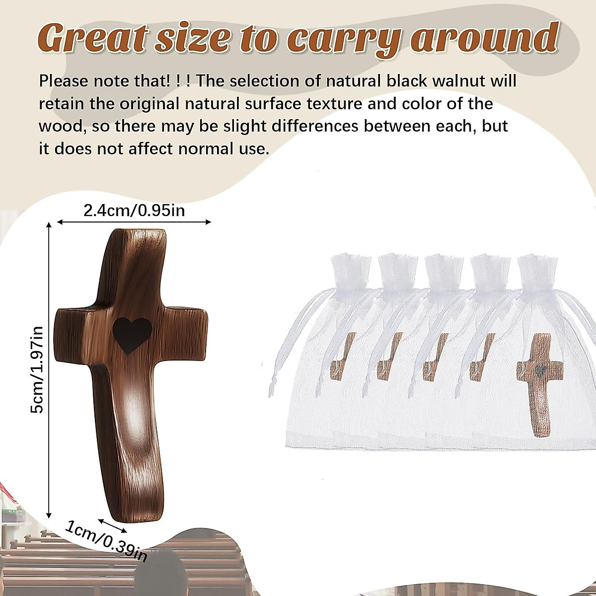 Handmade 3Pcs Pocket Cross My Heart with Organza Bags - Stress Relief Fidget Toy for Christian, Pocket Prayer Cross, Religious Easter Day Gift Set