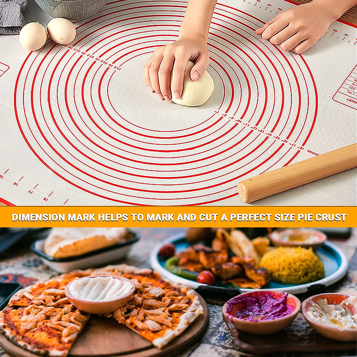 Silicone Baking Mat, Qidoe (16"x 24") Extra Thick Non Stick Baking Mat with Measurement Fondant Mat/Dough Rolling Mat/Counter Mat/Pizza Mat/Oven Liner/Pie Crust Mat Large Non Slip Cooking Pastry Mat