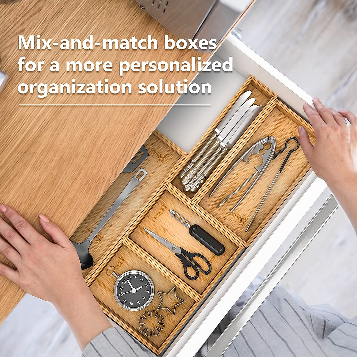 Bamboo Drawer Organizer Storage Box Kitchen - Wood Stackable Tray Set of 2 (9x6x2 inch)