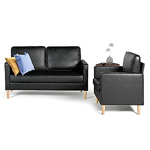 AILEEKISS Mid-Century Sectional Sofa Set for Living Room Faux Leather Office 2 Pcs Couch Set with Armrest Modern Upholstered Loveseat Couches (1-Seater+2-Seater, Black)