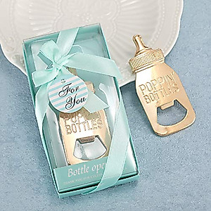 Yuokwer 16 pcs Baby Shower Return Gifts for Guest Supplies Poppin Baby Bottle Shaped Bottle Opener Favor(Blue 16pcs)