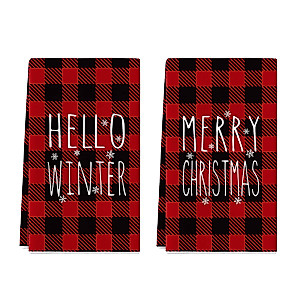 Artoid Mode Buffalo Plaid Merry Christmas Kitchen Towels Dish Towels, 18x26 Inch Hello Winter Seasonal Decoration Hand Towels Set of 2