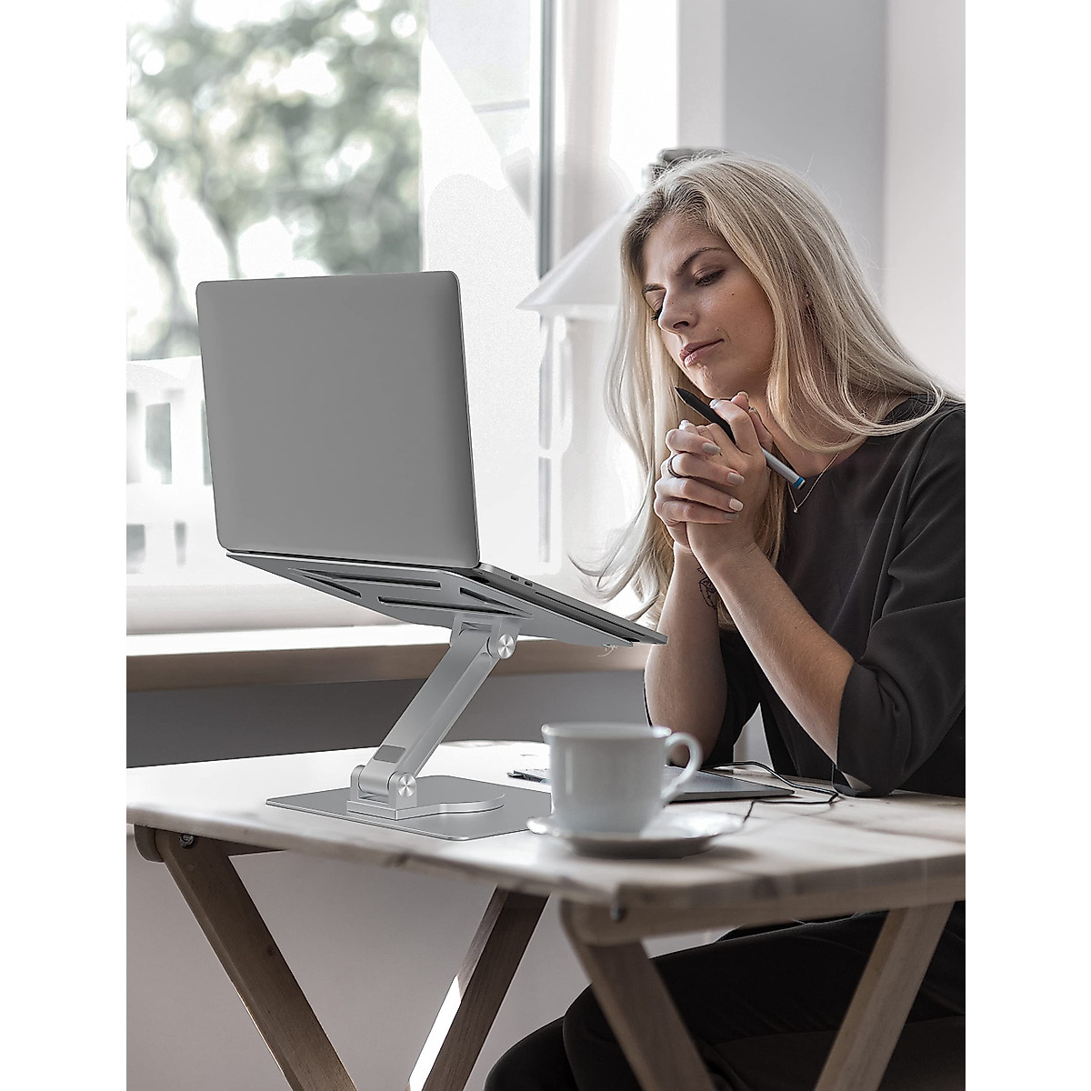 SOUNDANCE Adjustable Laptop Stand with 360° Rotating Heavy Base, Ergonomic Laptop Riser for Desk, Stable Laptop Holder for Collaborative Working, Suit for 10-15.6" PC Computer, Single Shaft, Silver