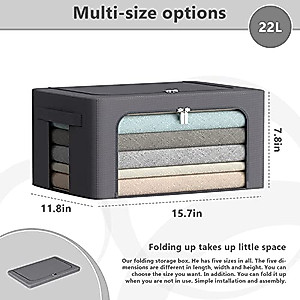 3Pack Stackable Clothes Storage Bins - Oxford Frame Storage Box Foldable Clothing Storage Container Organizer Set with Clear Window & Carry Handles Large Capacity (Dark Gray, Small-22L)