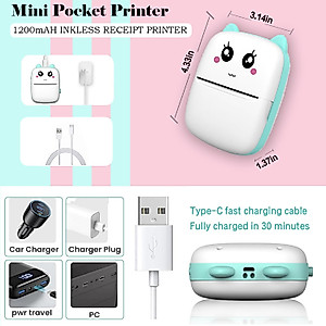 Mini Pocket Printer with 11 rolls of paper, portable thermal printer, Bluetooth portable printer, for learning notes, photos, DIY, travel, iOS iPhone and Android, Children's birthday gifts (Blue)