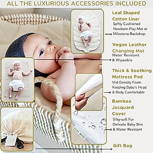 BEBE BASK - Organic Seagrass Baby Changing Basket with Pad - Handmade Baby Moses Basket - Luxury Leaf Liner - Bamboo Jacquard Cover - Vegan Baby Changing Mat - Baby Changing Pad - 30 x 16 x 4 inches