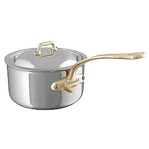 Mauviel M'Cook B 5-Ply Polished Stainless Steel Sauce Pan With Lid, And Brass Handle, 2.6-qt, Made In France