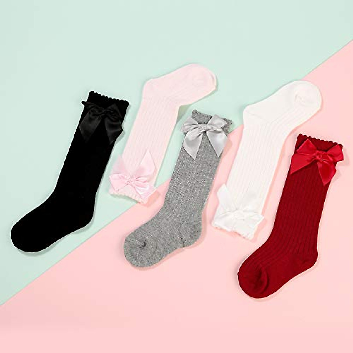 BSMTEBN 5Pairs Baby Kids Cotton Soft Breathable Knee-High Over Calf Socks Girls Striped Bowknot Bow Cute School Socks Infant Newborn Leg Warmers Stockings (M(2-4 Years))