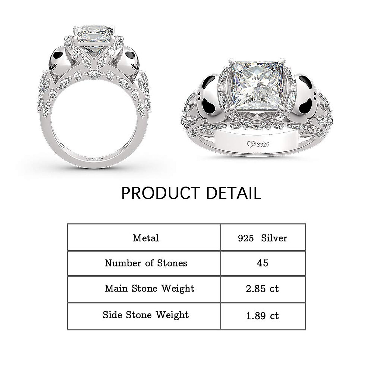 Jeulia Jack Skellington Rings Women Nightmare Before Christmas Skull Rings 925 Sterling Silver Princess Cut Band Ring Anniversary Promise Romantic for Her Teen Girls(7)