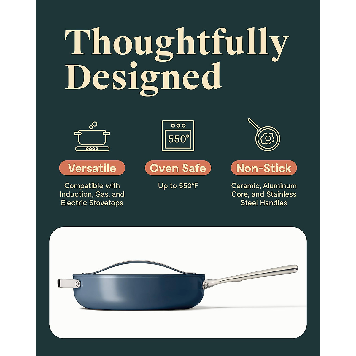 Caraway Nonstick Ceramic Sauté Pan with Lid (4.5 qt, 11.8") - Non Toxic, PTFE & PFOA Free - Oven Safe & Compatible with All Stovetops (Gas, Electric & Induction) - Navy