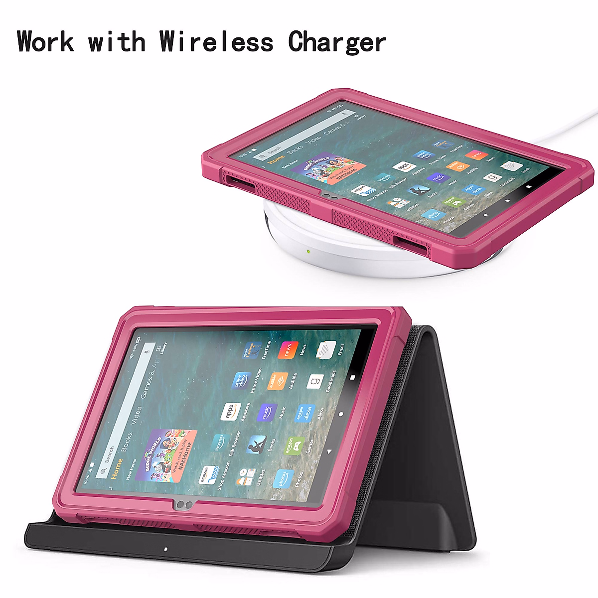 EpicGadget Case for Amazon Fire HD 8 / Fire HD 8 Plus (12th Gen, 2022 Released) - Clear Back Full Body Dual Layer Protective Hybrid Cover Case Support Wireless Charging for HD 8 Plus (Plum)