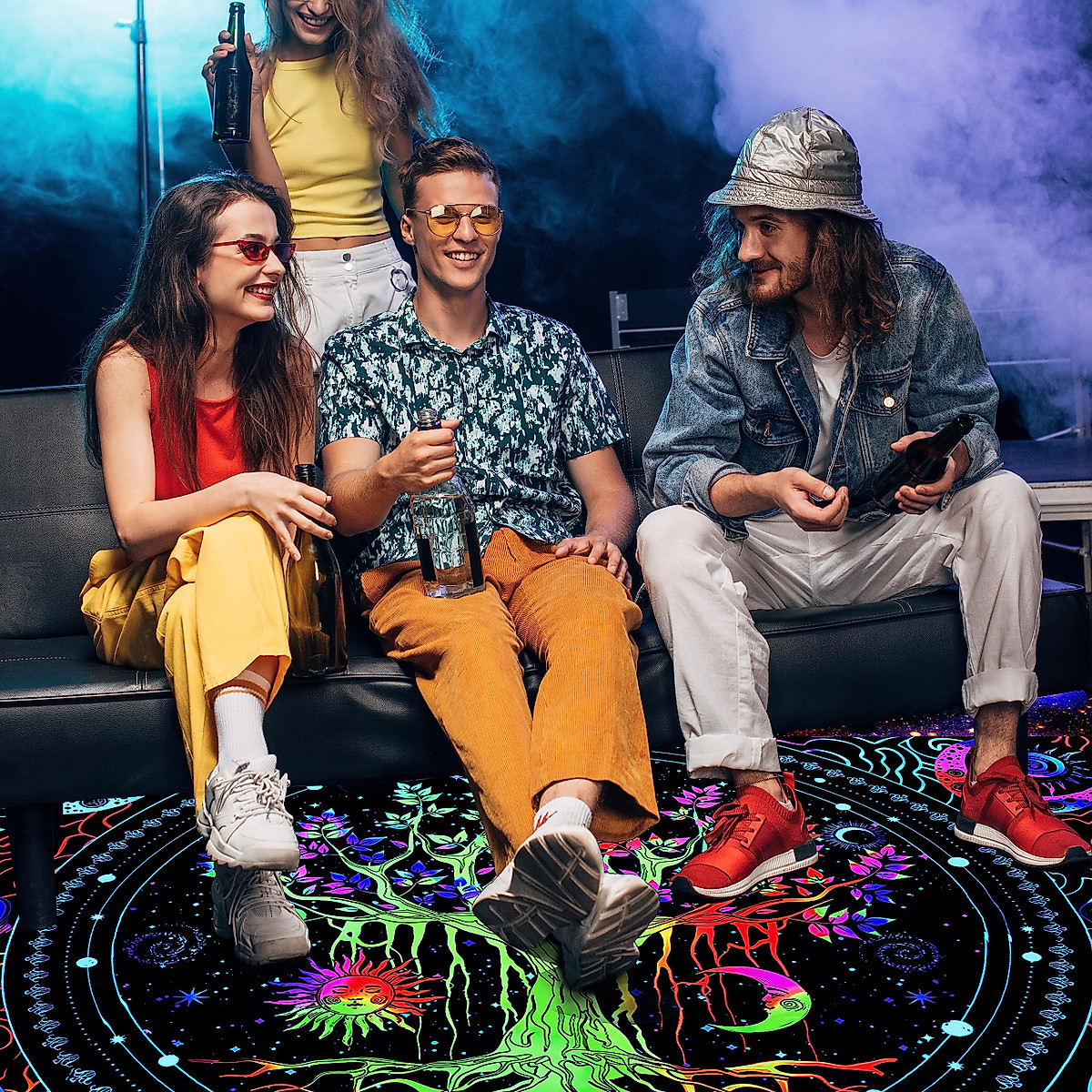 EISKBC Neon Tree of Life Area Rug, Large Blacklight UV Reactive Throw Rug, Non-Slip Bohemian Fluorescent Floor Mat Carpet, Glow in The Dark Sun and Moon Phase Bed Room Decor, 70x47inch