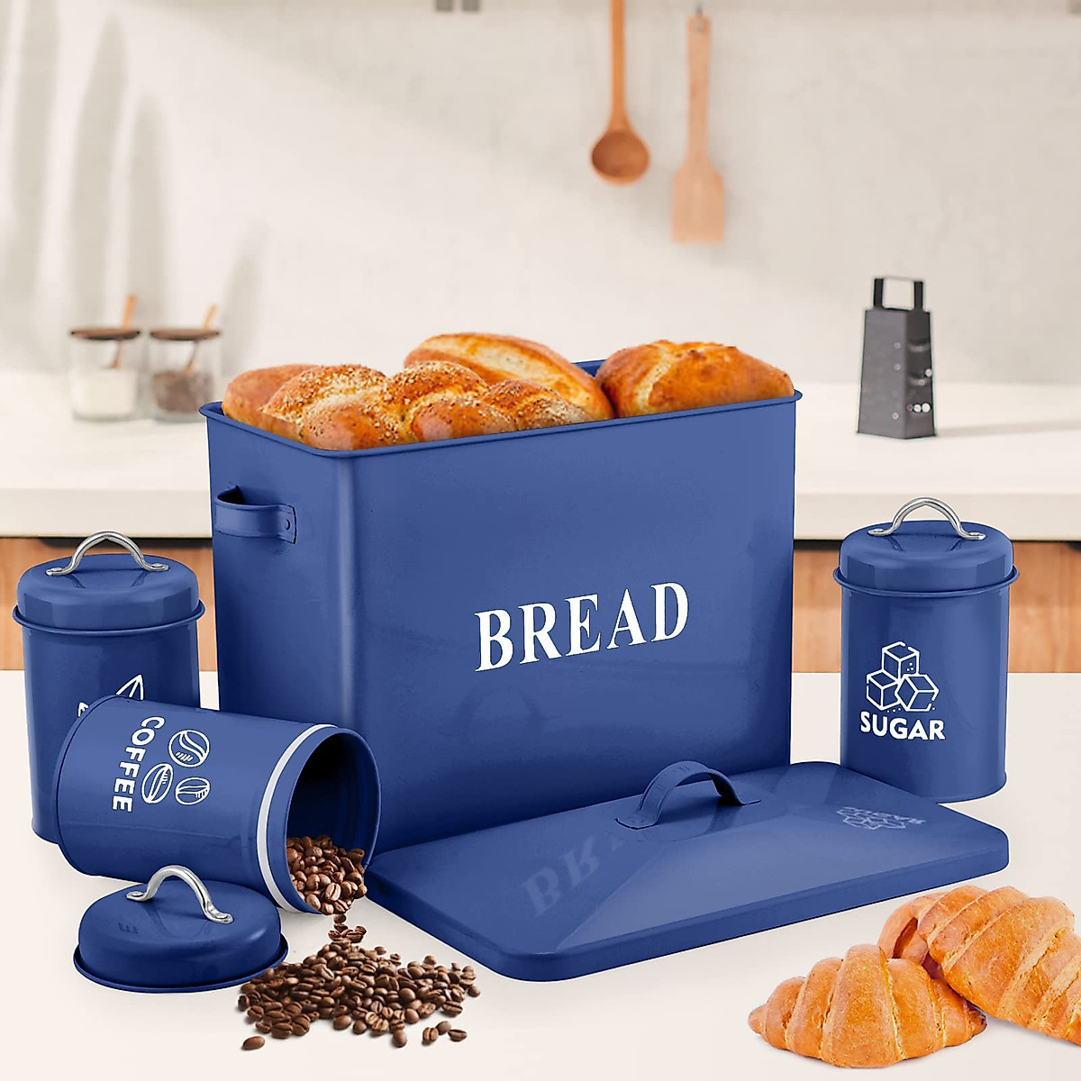 E-far Navy Blue Bread Box & Canister Set - Rustic Kitchen Storage