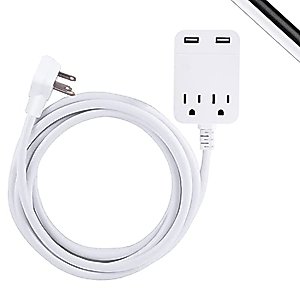GE Pro USB Charging 12 Ft Extension Cord, Charging Station, Surge Protector Power Strip, Flat Plug, 3 prong, 2 Outlets, 2 USB Ports, 2.4 Amp, 12 Watt, 250 Joules, Wall Mount, UL Listed, White, 32089
