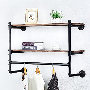 JIANZHUO Industrial Pipe Clothing Rack Wall Mounted with Wood Shelf,Rustic Retail Garment Rack Display Rack Cloths Rack,Pipe Shelving Floating Shelves