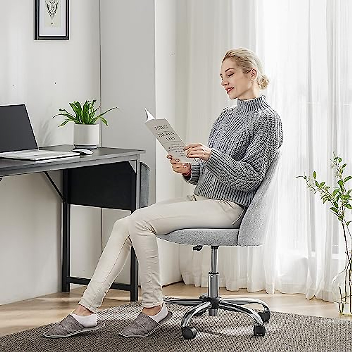 Armless Office Chair Cute Desk Chair, Modern Fabric Home Office Desk Chairs with Wheels Adjustable Swivel Task Computer Vanity Chair for Small Spaces