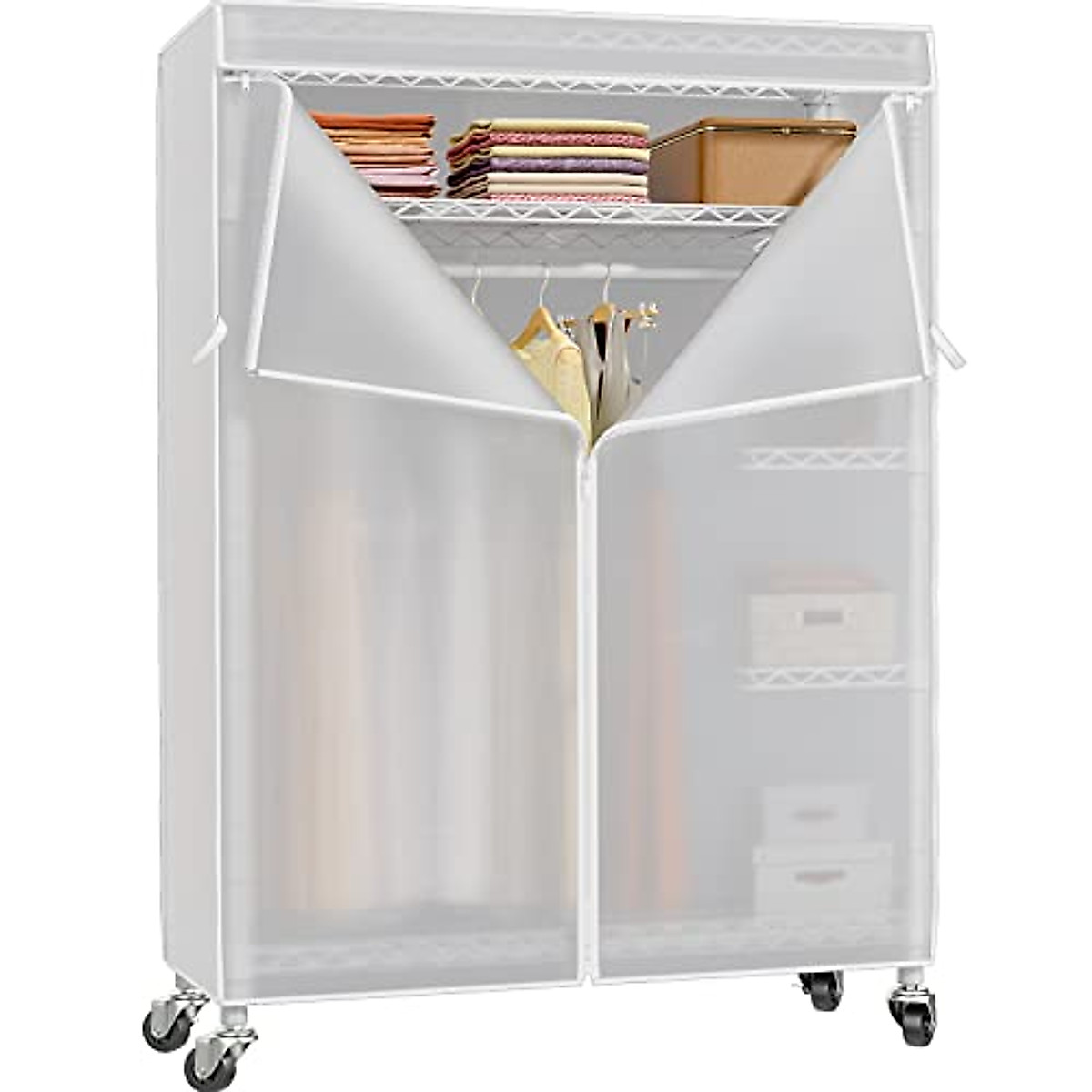 VIPEK V11C Garment Rack Rolling Clothes Rack Heavy Duty Portable Closets with Lockable Wheels Adjustable Metal Wire Shelves Wardrobe White Clothing Rack with Frosted Translucent Cover, Max Load 452LBS