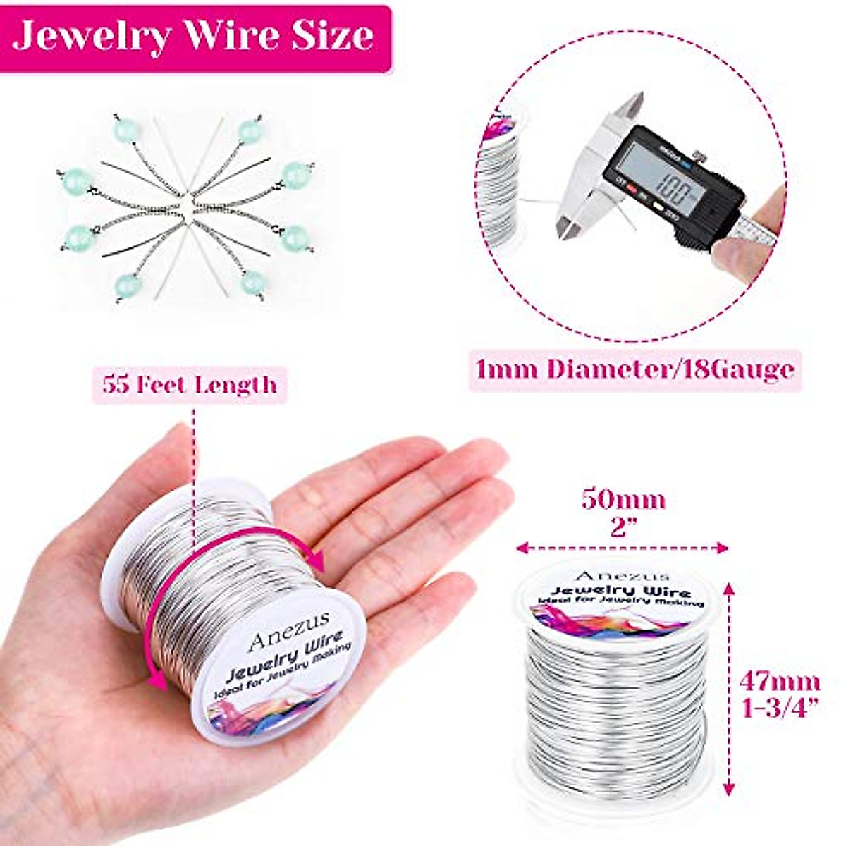 Anezus 18 Gauge Jewelry Wire for Jewelry Making, anezus Craft Wire Tarnish Resistant Copper Beading Wire for Jewelry Making Supplies and Crafting (18 Gauge, Silver)