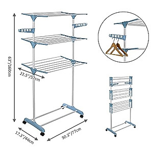 Finnhomy Clothes Drying Rack, 3-Tier Foldable Horses Drying Rack Clothing with 2 Wings, Rolling Laundry Drying Rack with Wheels for Indoor & Outdoor Use, Collapsible Laundry Rack, Blue