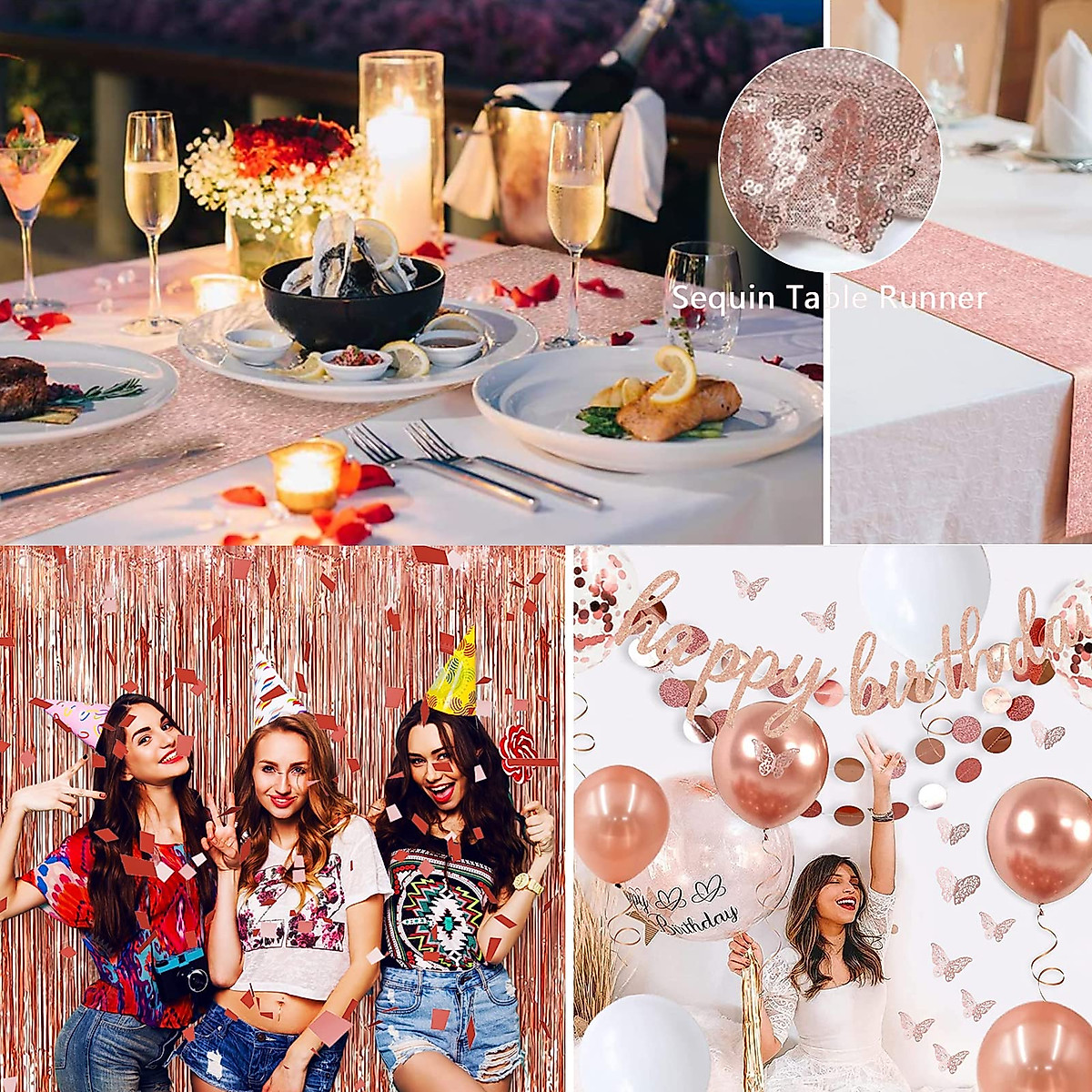 Rose Gold Birthday Party Decorations, Happy Birthday Banner, Rose Gold Fringe Curtain, Rose Gold Sequin Table Runner, 3D Butterfly Wall Decal, Rose Gold Balloons for Women Girls Birthday Party