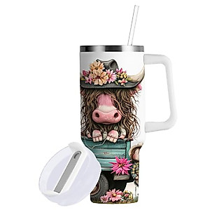 RPLIFE Beautiful Pink Highland Cow White Coffee Tumbler, Stainless Steel Coffee Cup, Insulated Coffee Mug with Lid, Tumblers for Women
