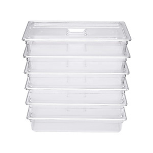 DYNAMI 6 Pack Food Pans with Lids,Full Size 4in Deep Commercial Clear PC Square Food Storage Containers,Heat-Resistant,Freezer-Safe To Store Vegetables,Fruits, Meats, Grains, for Kitchen Restaurant