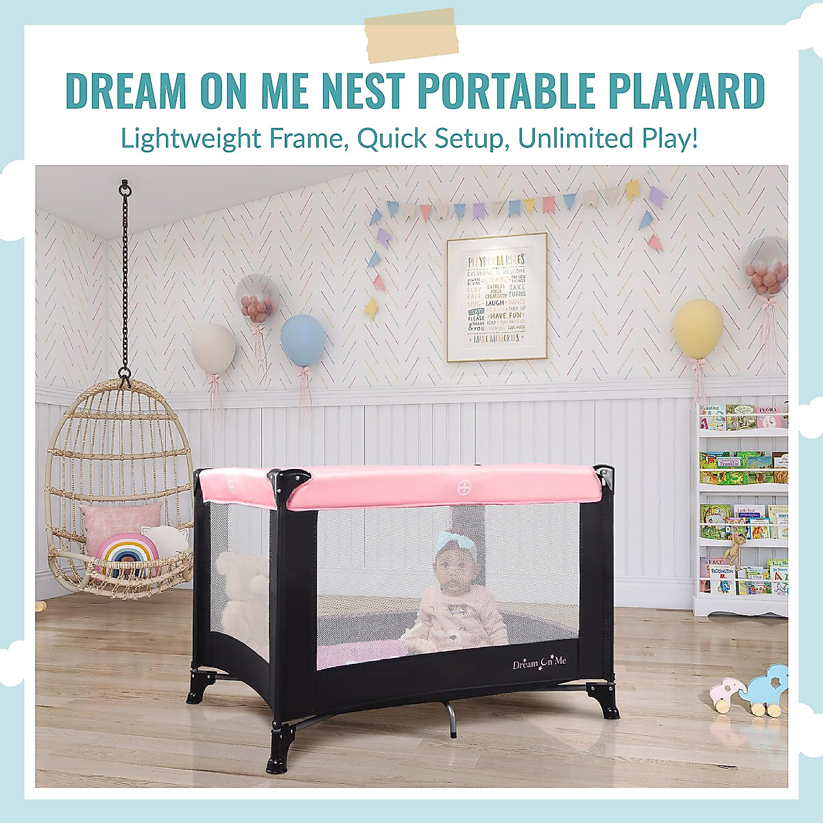 Dream On Me Nest Portable Play Yard with Carry Bag and Shoulder Strap, Pink