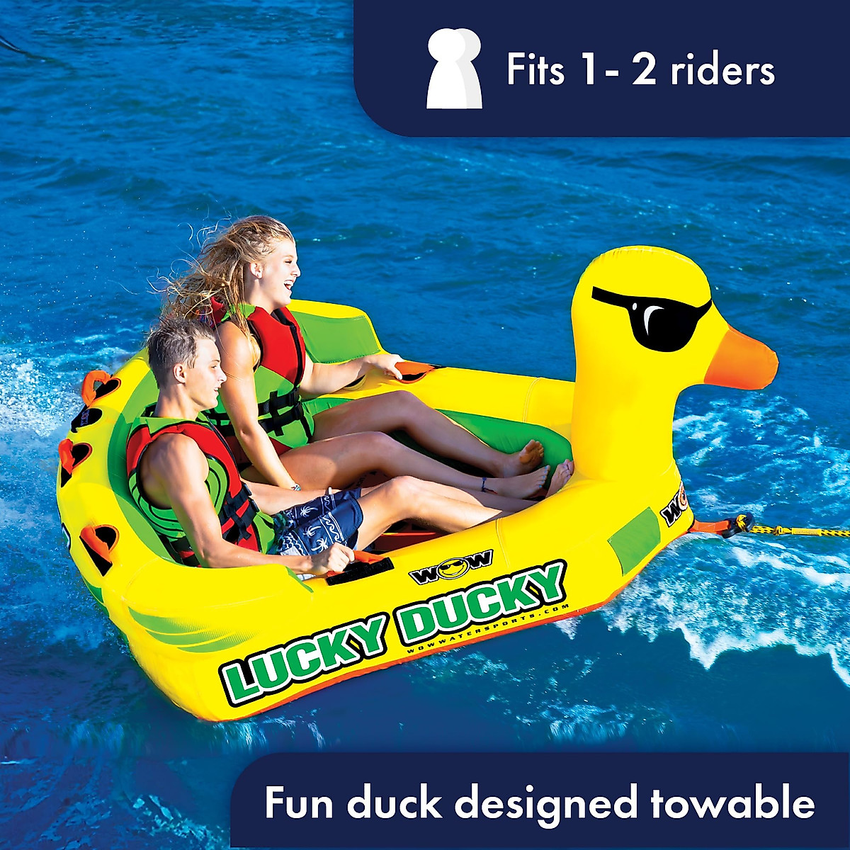 WOW Sports – Lucky Ducky Towable Deck Tube for Boating – 1-2 Person 340 lbs Capacity – Inflatable Boat Tube for Water Sports – Youth & Adults