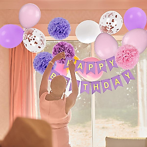 Rishafowg Purple Birthday Decorations for Women, Princess Birthday Party Decorations Pink and Purple Birthday Decorations with Latex Balloons Paper Pom Poms Happy Birthday Banner