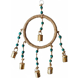 FIKIMOS Jute Handmade Crafted Home Decoration Hanging Beads Cow Bell Hanging Door Ornaments Wall décor