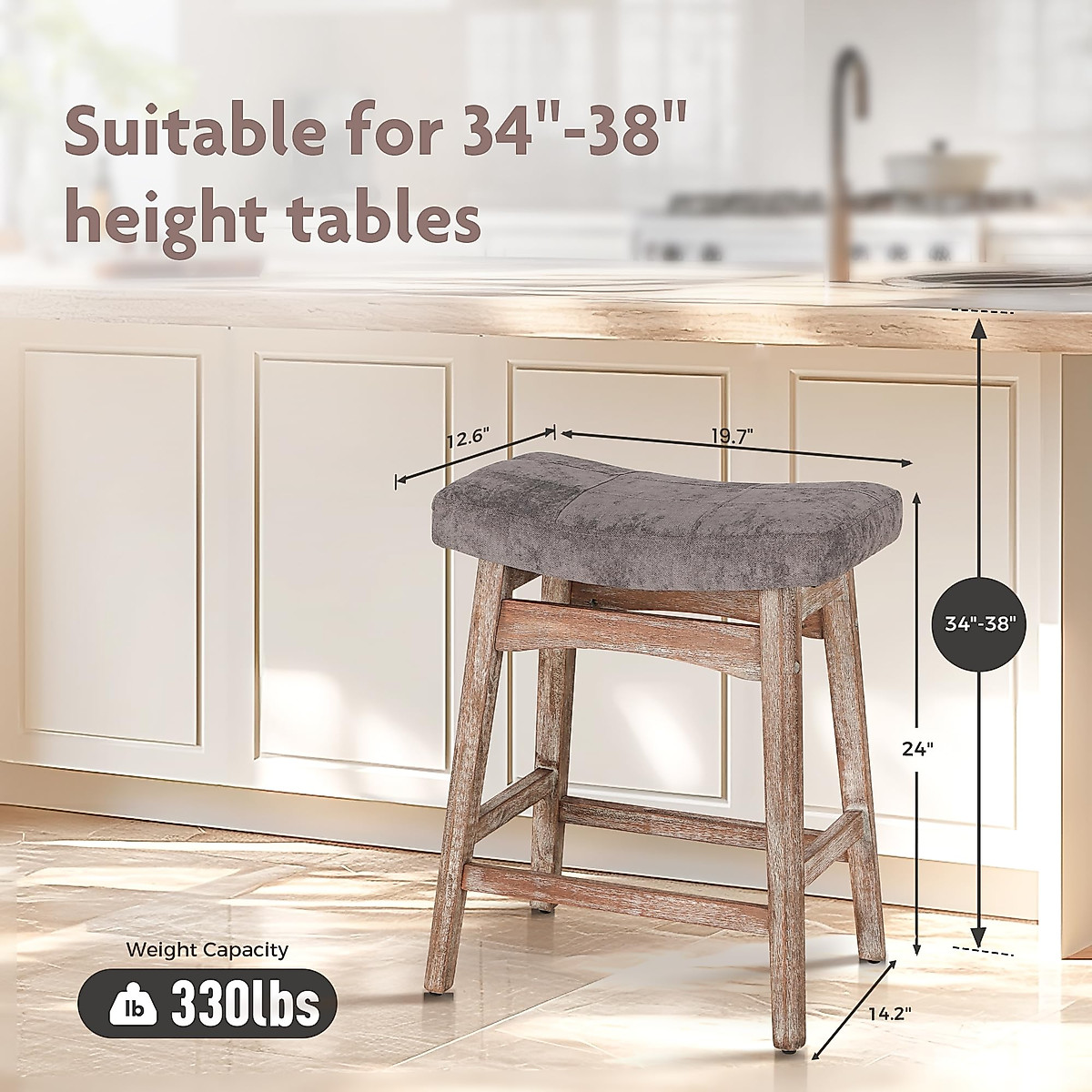 ALPHA HOME Bar Stools Set of 2, Solid Wood Saddle Kitchen Stools with Grey Linen Fabric Cushion Counter Height Barstools, 24 Inch, Grey, 2PCS