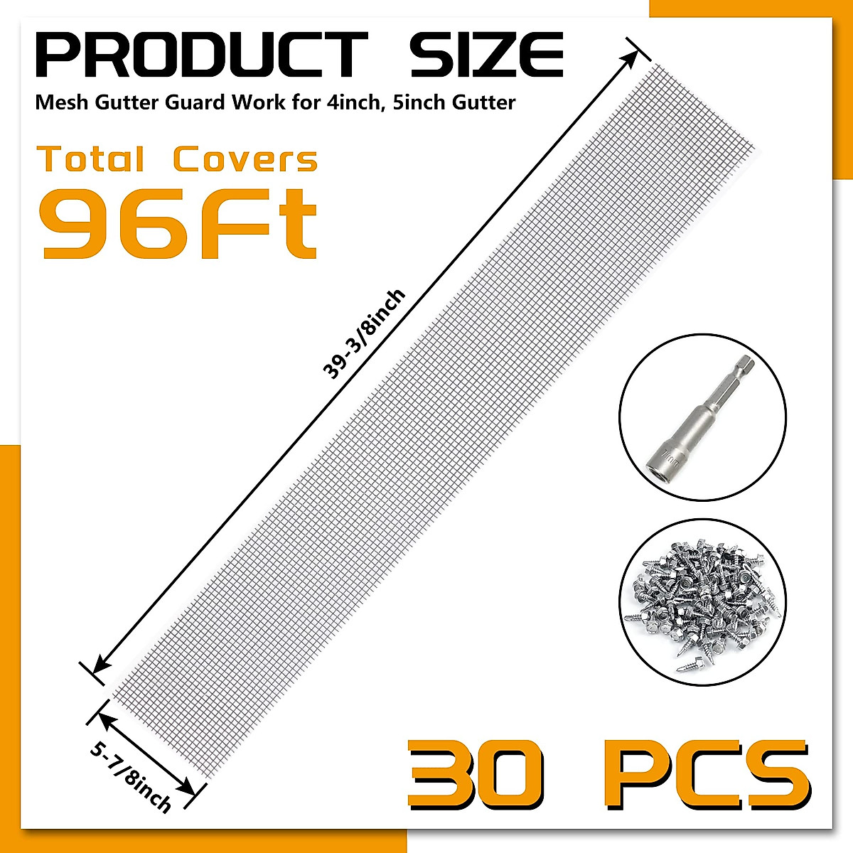 Powrocket Gutter Guard,4" 5" Leaf Protection Gutter Cover,30 Count Stainless Steel Mesh Gutter Covers,Prevents Roof Clogged Downspouts,Easy to DIY,Total Covers 96 Feet White