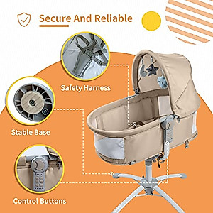 Baby Swing, 3-Level Height Adjustable Baby Rocker, Essential Cradle for Newborns, Music, Remote Control Electric Cradle with 15 Preset Lullabies, Foldable Portable Baby Bouncers for Infants (Khaki)