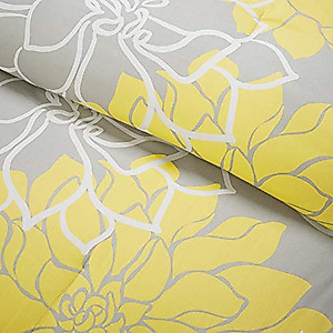 Madison Park Lola Sateen Cotton Comforter Set-Casual Medallion Floral Design All Season Down Alternative Bedding, Shams, Bedskirt, Decorative Pillows, Queen(90"x90"), Grey/Yellow, 7 Piece
