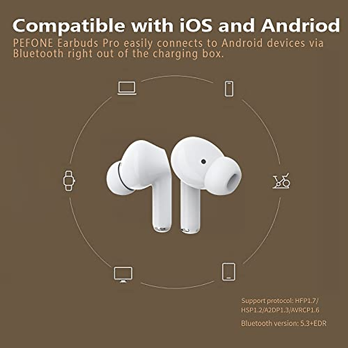 PEFONE Wireless Earbuds, in-Ear Bluetooth 5.3 Headphones ENC+ANC Noise Cancelling Earphones, Built-in Mic, Touch Control, USB Charging Case