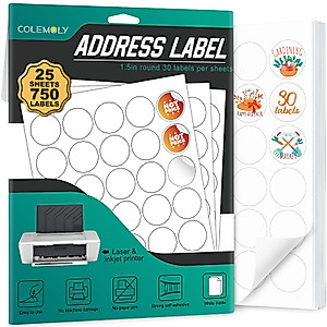 Address Labels 1-1/2” Round for Laser and Inkjet Printers - 25 Sheets, 30 Labels Per Sheet 750 Blank Matte White Sticker Paper for Organization, Labeling, Inventory Management, Product Branding