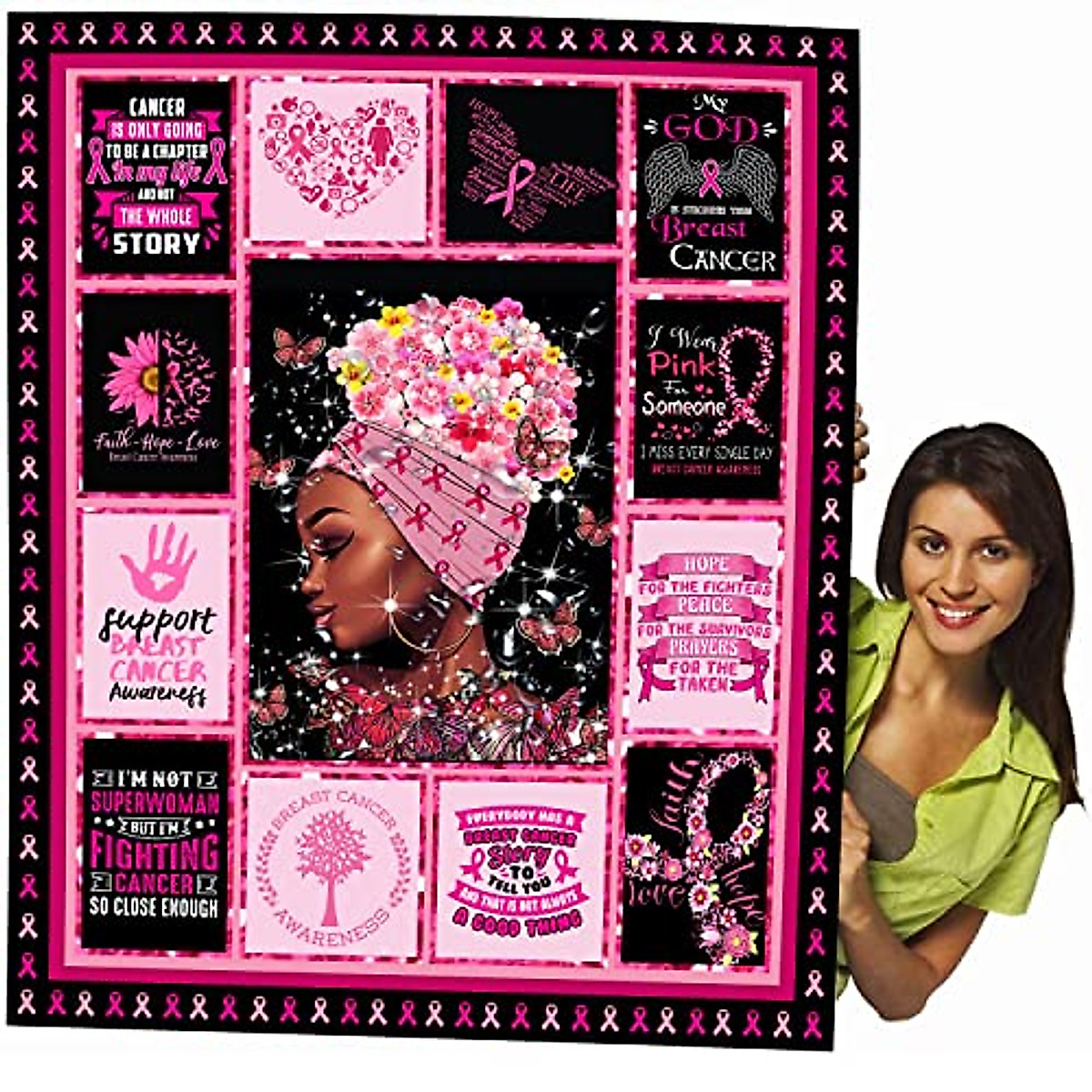 Breast Cancer Awareness Hopes Throw Blanket 50x60inch Black Women Breast Cancer Survivor Gifts for Women Ultra Soft Cozy Lightweight Flannel Blanket for Bed Sofa Living Room