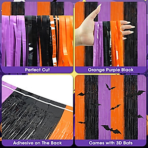 Halloween Party Decorations, 3 Pack 3.3 x 6.6 Ft Orange Purple Black Foil Fringe Curtains with 24 Bat, Halloween Backdrop Photo Booth Props Streamer for Halloween Party Supplies Birthday Decorations
