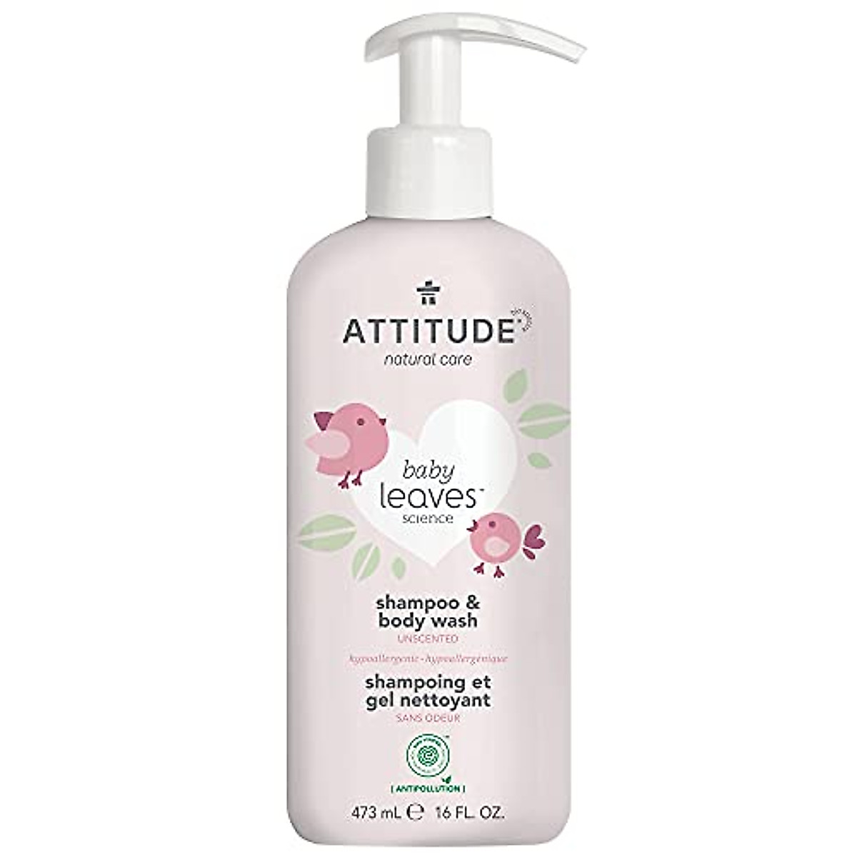 ATTITUDE 2-in-1 Shampoo and Body Wash for Baby, Fragrance-Free EWG Hypoallergenic Plant- and Mineral-Based Ingredients, Vegan and Cruelty-Free, Unscented, 16 Fl Oz