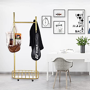 ZHANYUN Gold Metal Garment Rack, Clothes Racks on Wheels, Rolling Clothing Rack with A Hanging Rod and Bottom Storage Basket Shelves (Gold)