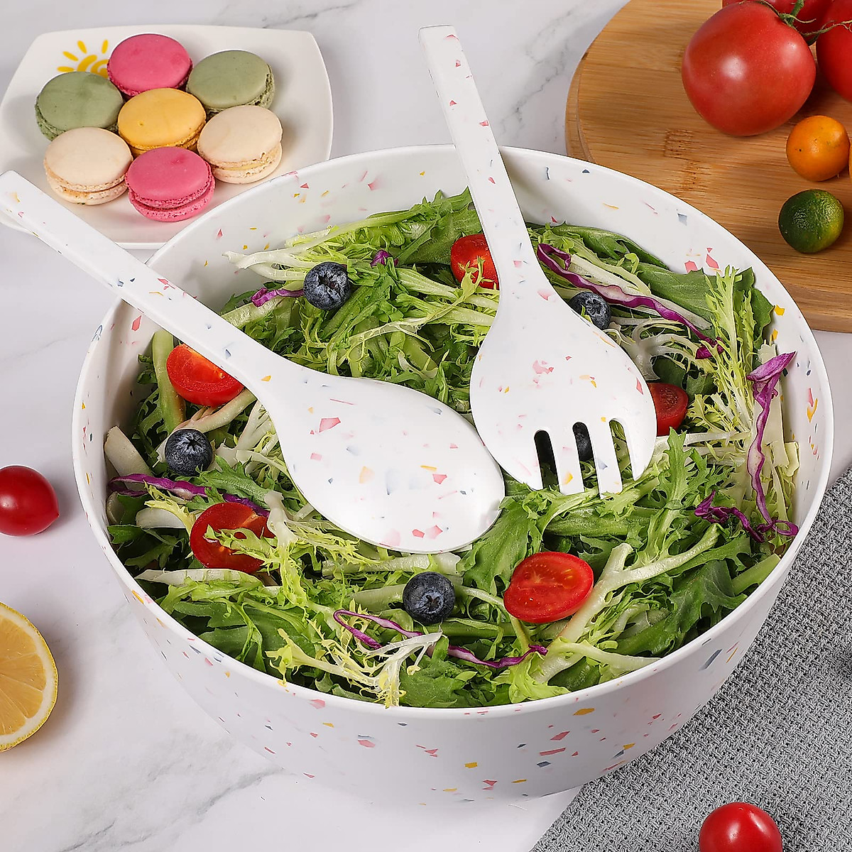 ECOWAY Salad Serving Bowl Set with Natural Bamboo Lid & Utensils, Bamboo Fiber Mixed with Melamine Salad Bowl Large, with Spoon&Tongs for Mixing Salads, Soup, Vegetables, Pasta and Fruit, 9.84 Inches