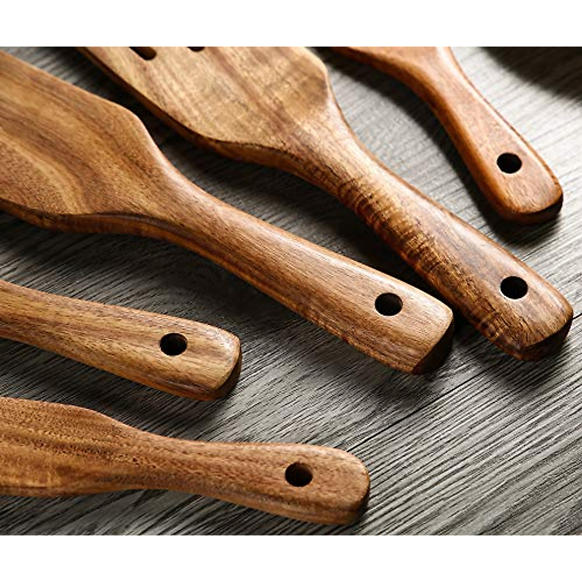 Wooden Cooking Utensils, NAYAHOSE 5 Pcs Natural Teak Kitchen Utensil Set Heat Resistant Non Stick Wood Cookware with Hanging Hole, Slotted Spurtle Spatula Sets for Stirring, Mixing, Serving