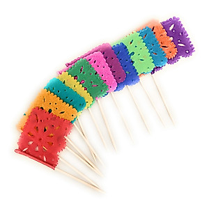 Set of 24 Pcs Multi-Colored Mini Mexican Paper Papel Picado Tissue Banner Flags Banderita s Fiesta Party Decorations Cupcake Topper Party Banderines Flower Design
