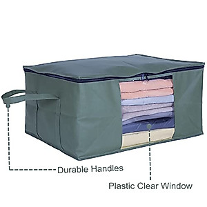 Wismart Large Capacity Zippered Clothes Storage Bags with Plastic Clear Window and Durable Handles Great for seasonal storage, Bedding, Blankets ,Foldable with Sturdy Zipper, 2 Pack, Green (Large, Green-2Pack)