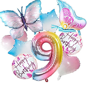 9Pcs Butterfly Balloons 9th Birthday Decorations for Gradient Colorful Butterfly Foil Balloons 9 Years Old Fairy Butterfly Theme Birthday Party Supplies Decor